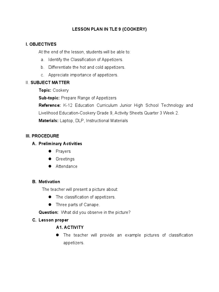 Lesson Plan in Tle 9 | PDF | Hors D'oeuvre | Food And Drink