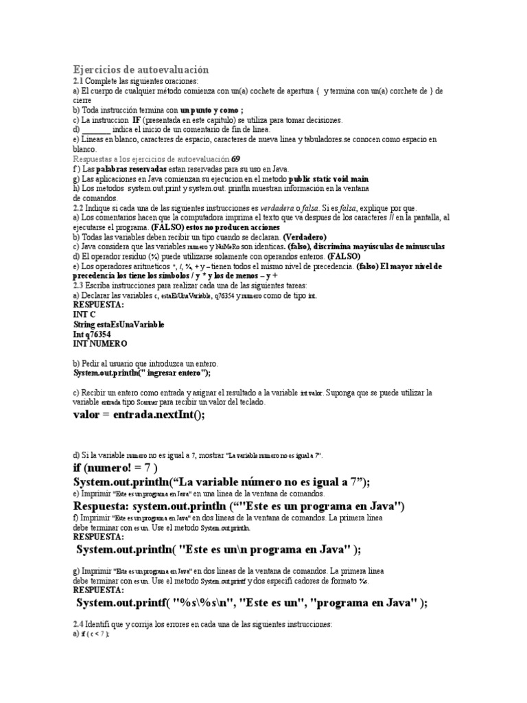 Ejercicios de autoevaluación sobre fundamentos de programación en Java | PDF | Java (lenguaje de ...