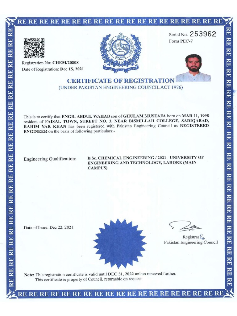PEC Certificate of Registeration | PDF