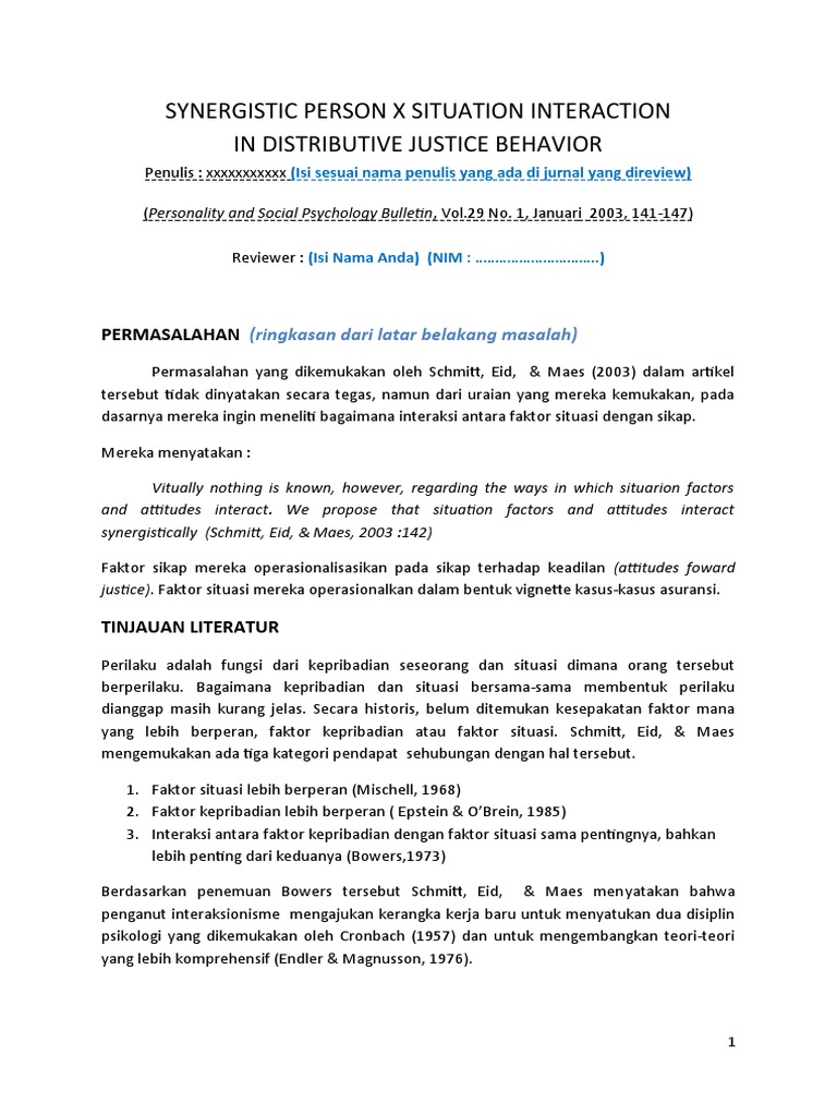 Contoh Model Review Jurnal - Synergistic Person X Situation Interaction ...