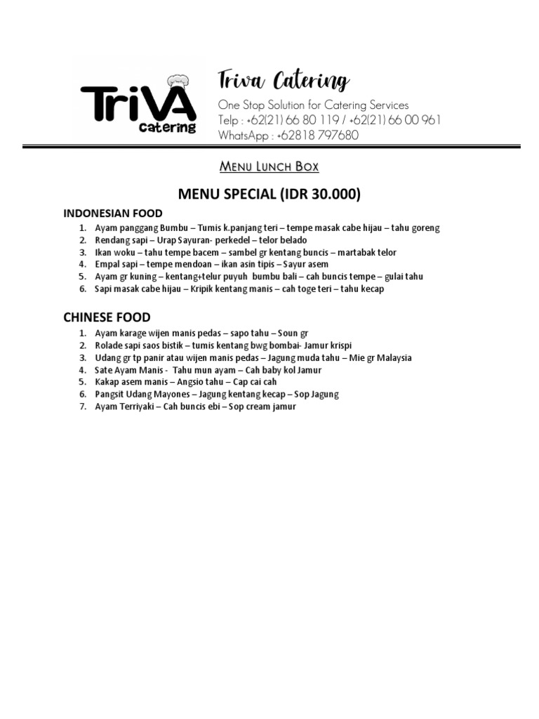 Menu Lunch Box 30ribu (Special) | PDF