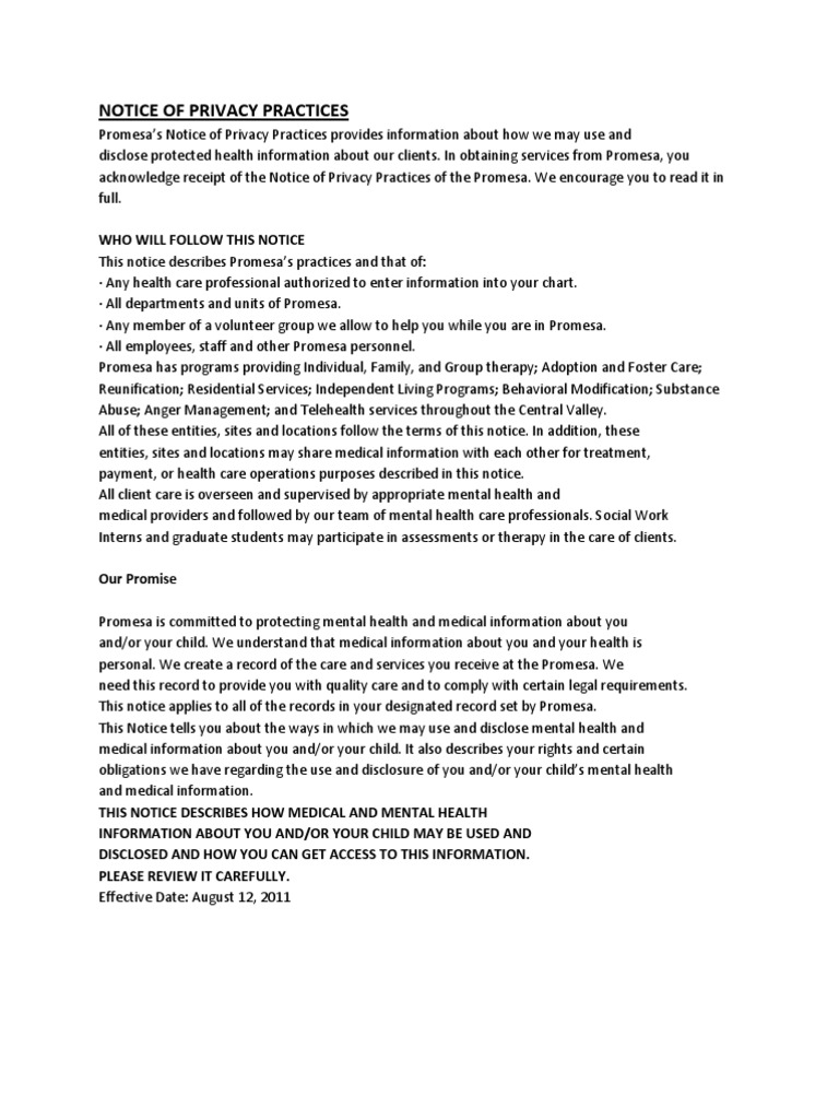 Promesa Privacy Practices Overview | PDF | Mental Health | Coroner