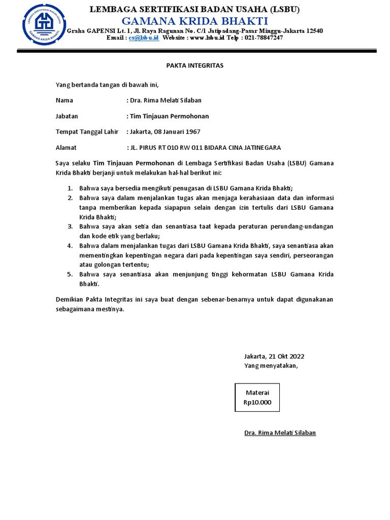 Format - Pakta Integritas - TTP | PDF