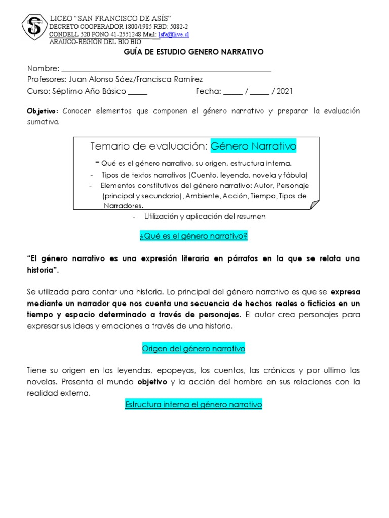 Guía de Estudio: Género Narrativo 7mo | PDF | Narración | Cuentos