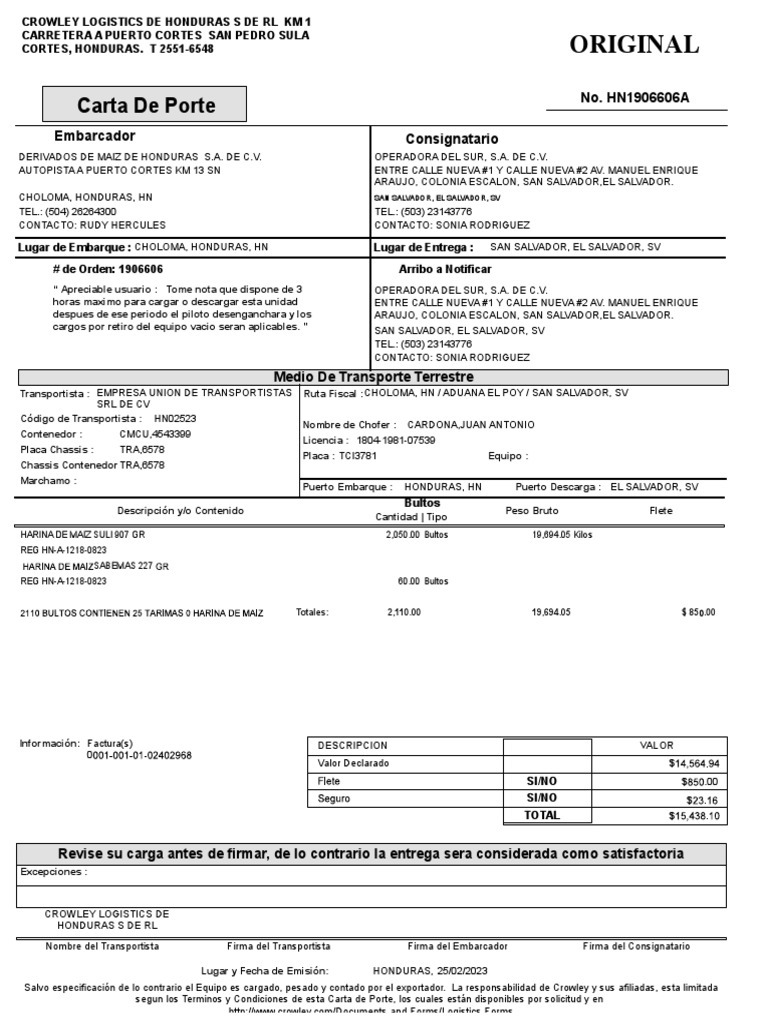 Carta de Porte Terrestre HN1906606A | PDF | Transporte de mercancías ...