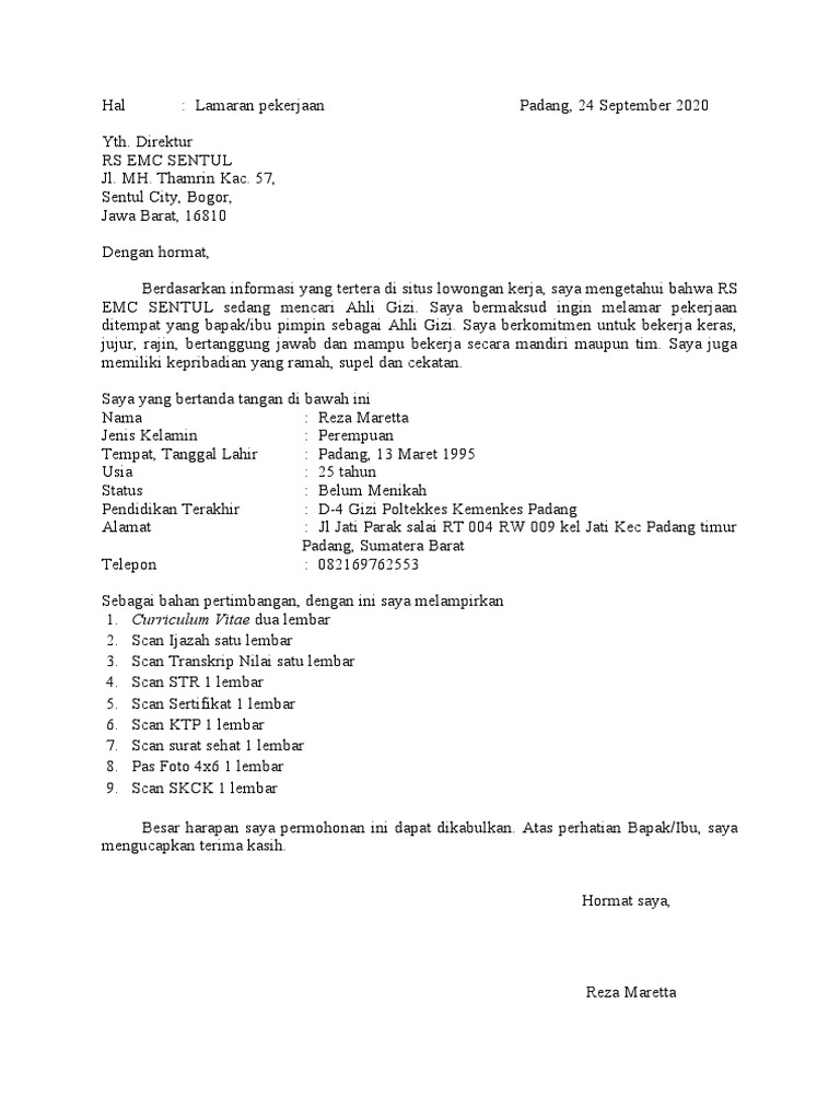 Surat Lamaran RS Emc Sentul | PDF