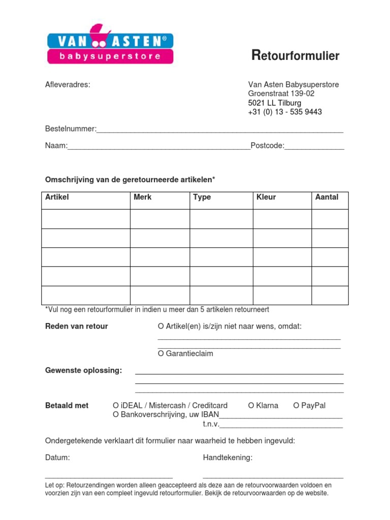 Retourformulier Van Asten 2 PDF | PDF