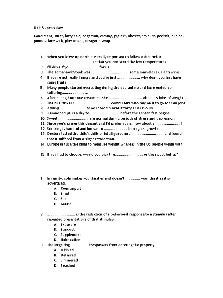 Vocabulary test unit 5 close up c1 | PDF | Cooking | Food And Drink ...