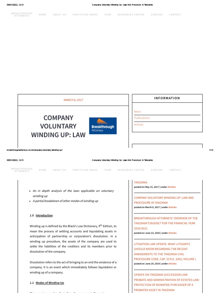 Company Voluntary Winding Up - Law and Procedure in Tanzania | PDF ...