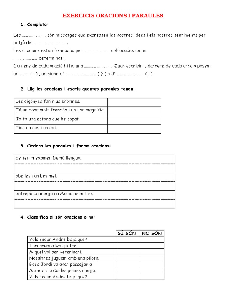 Exercicis - Oracions - I - Paraules Emplenables PDF | PDF