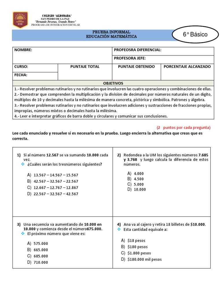 Prueba 6 Basico Matemáticas Pdf Matemática Elemental Matemáticas