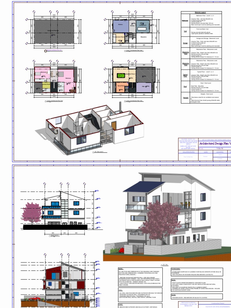 Floor plan and materials legend for a multi-level residential building ...
