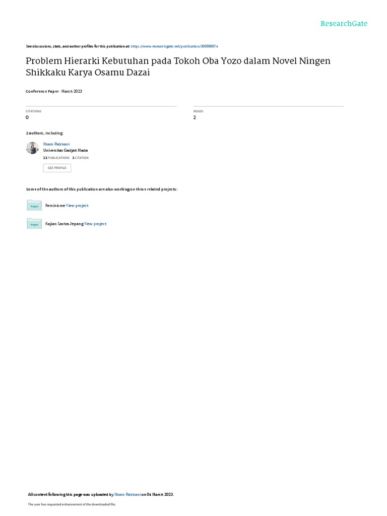 Problem Hierarki Kebutuhan Pada Tokoh Oba Yozo Dalam Novel Ningen Shikkaku Karya Osamu Dazai ...