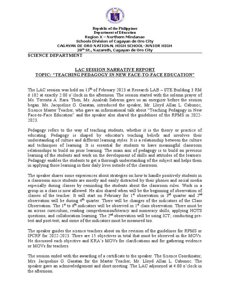 NARRATIVE REPORT 3rd LAC SESSION | PDF | Pedagogy | Learning