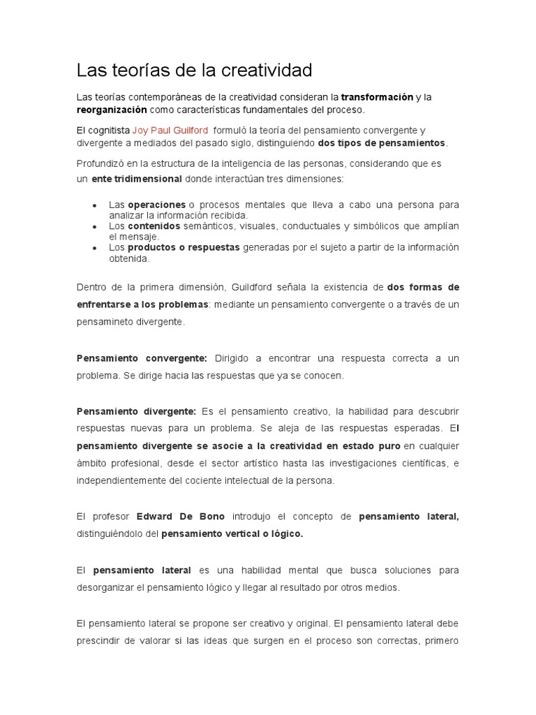 Teorías de La Creatividad | PDF | Pensamiento | Creatividad