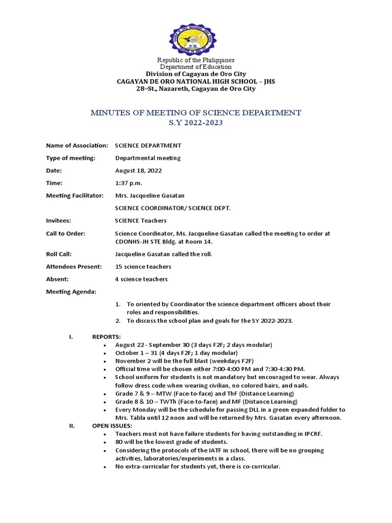 Minutes of Meeting Science Aug18 | PDF