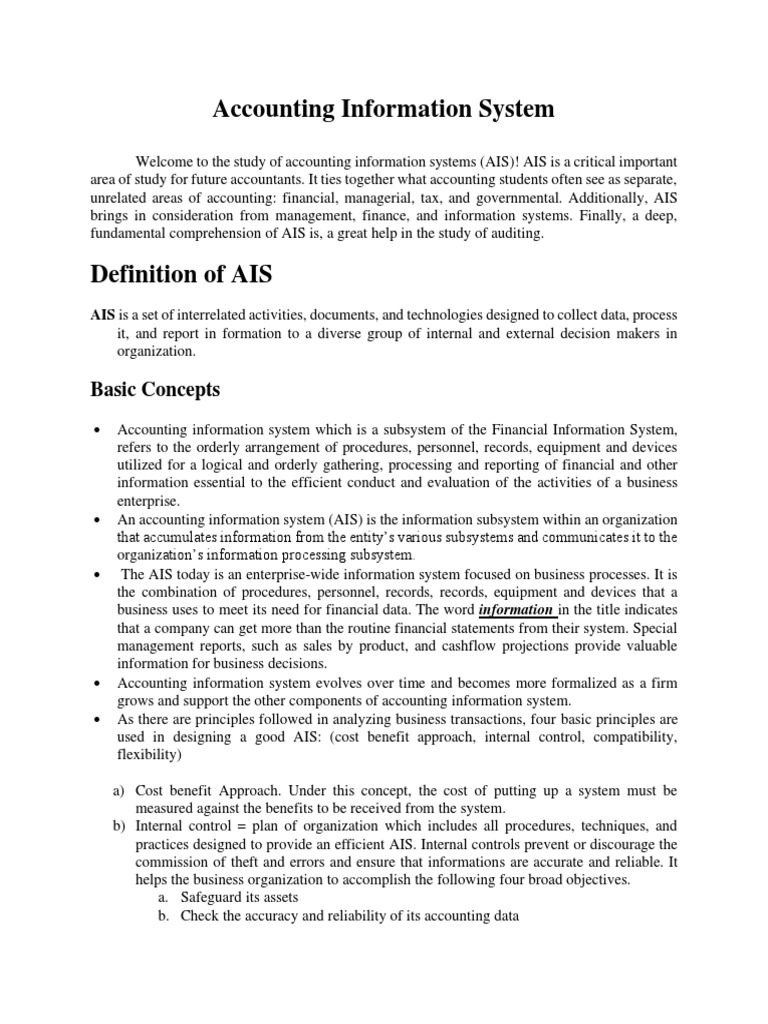M01 - AIS (Introduction) | PDF | Accounting | Internal Control