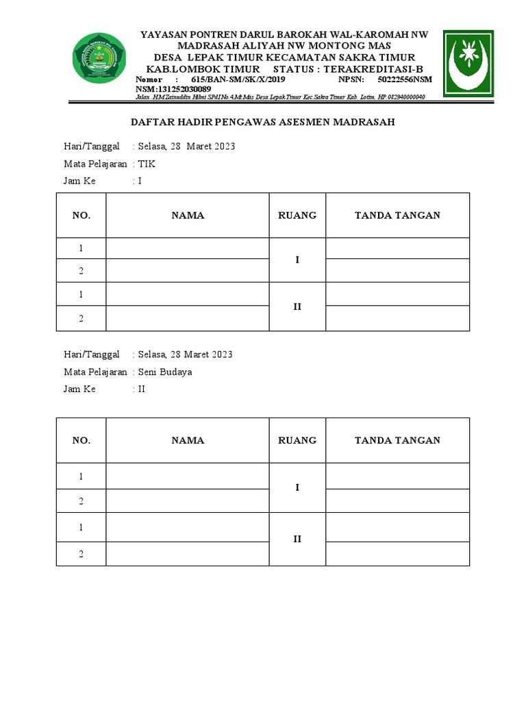 Daftar Hadir Pengawas Asesmen Madrasah | PDF