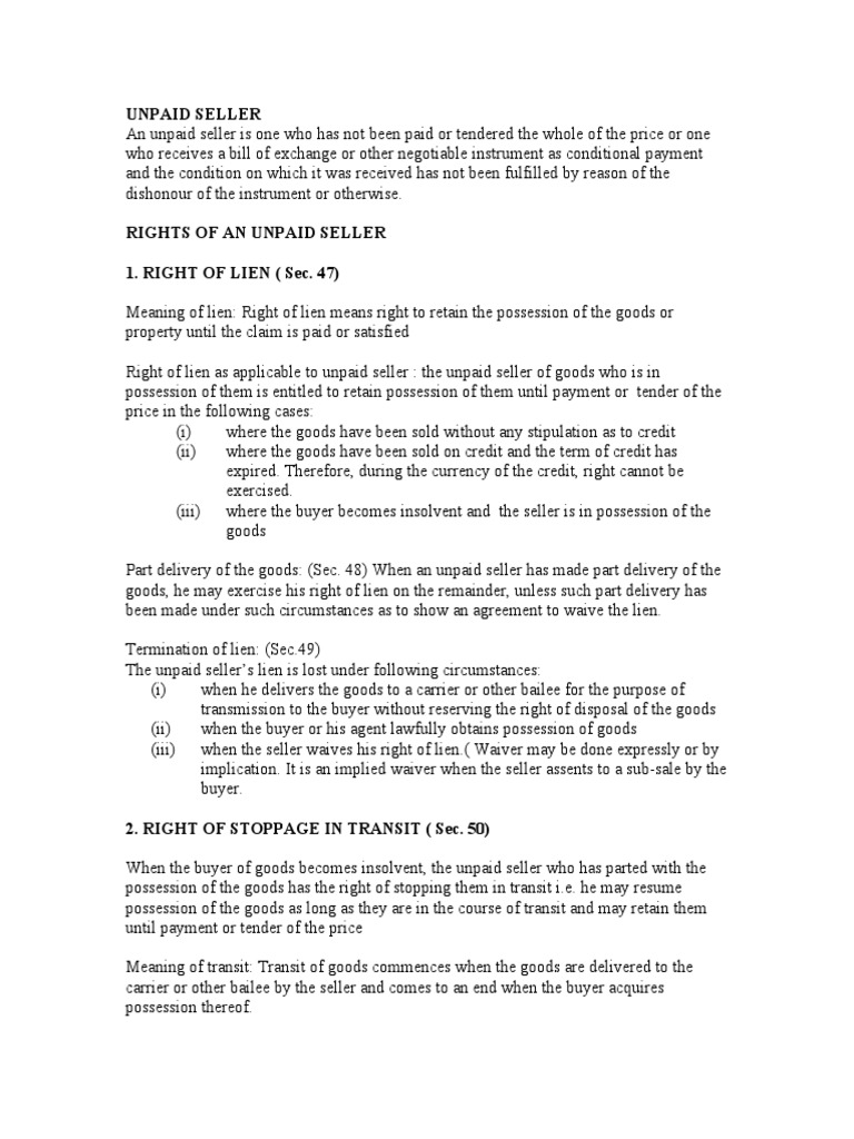 Rights of an Unpaid Seller: Retaining Possession and Recovering Payment ...