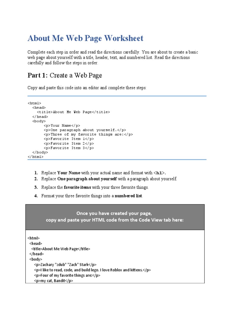 About Me Web Page Worksheet | PDF