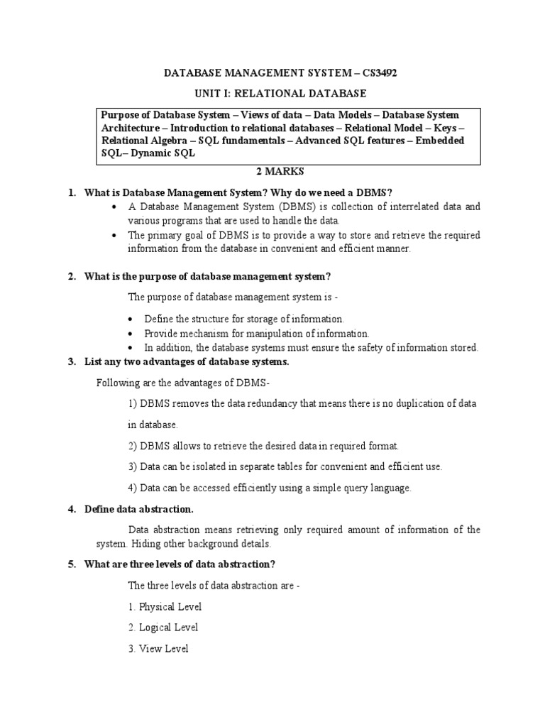 Dbms 2 Marks | PDF | Relational Database | Relational Model