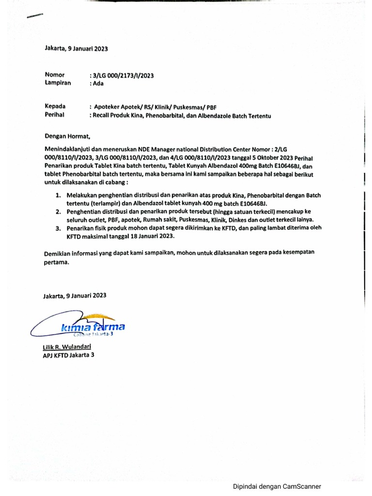 Surat Recall Produk KFTD | PDF