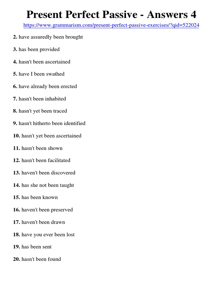Grammarism Present Perfect Passive Test 4 Answers 2357288 PDF | PDF