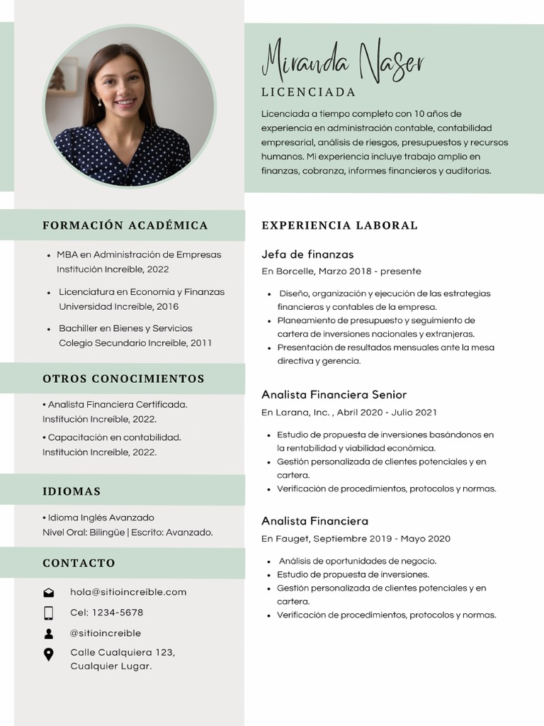 Curriculum cv mujer Formal moderno y sencillo verde | PDF