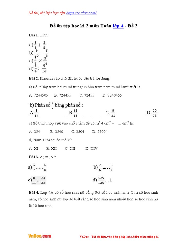 De On Tap Hoc Ki 2 Mon Toan Lop 4 de 2 | PDF