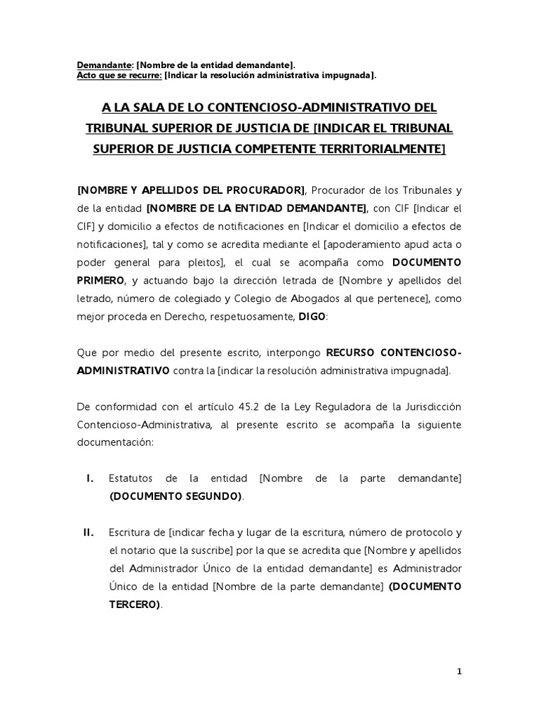 Modelo o Formulario de Escrito de Interposicion de Recurso Contencioso ...