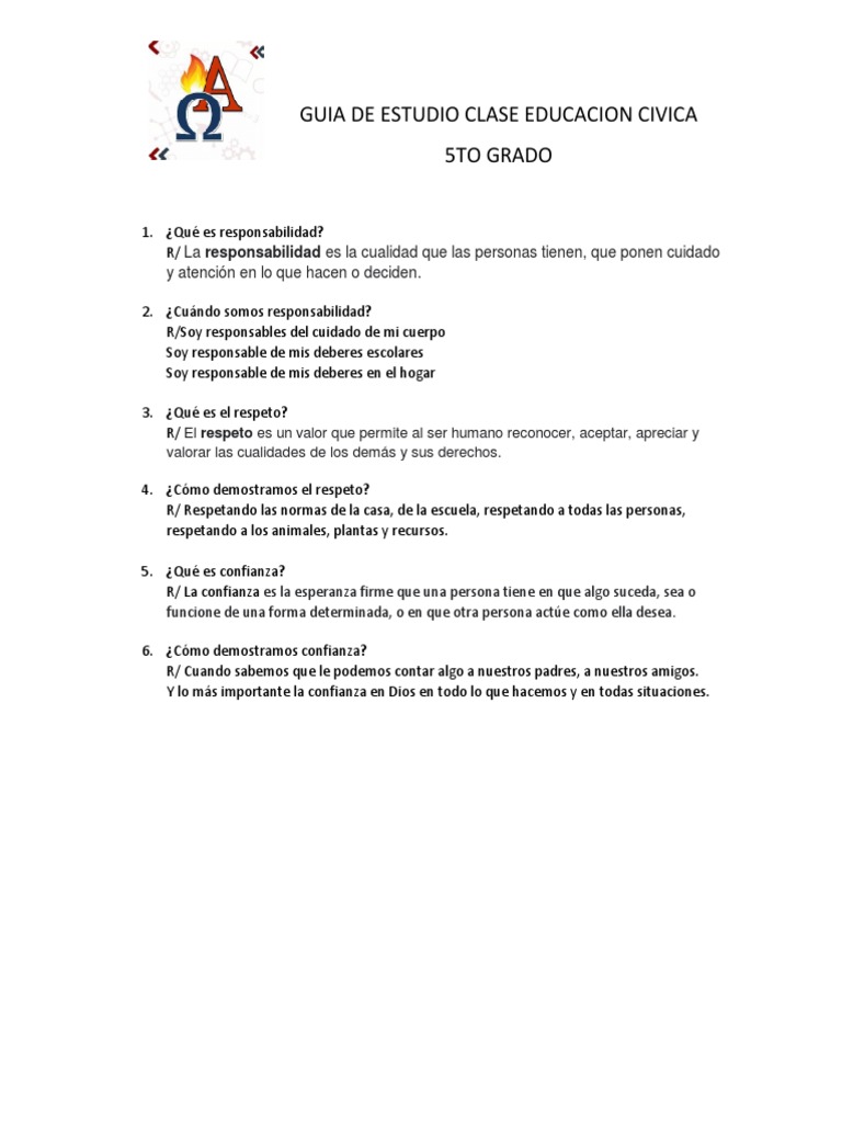 GUIA DE ESTUDIO CLASE DE EDUCACION CIVICA 5 Grado | PDF