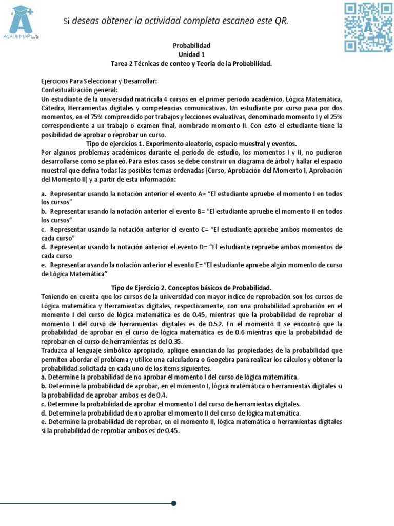 Probabilidad, Unidad 1 Tarea 2 Técnicas de Conteo y Teoría de La Probabilidad, 2023-1 ...