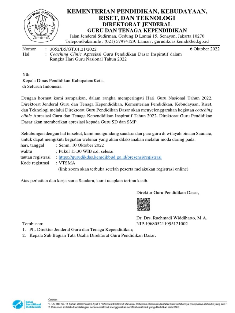 3052-Surat Undangan Coaching Clinic Apresiasi Guru Inspiratif Tahun 2022 | PDF
