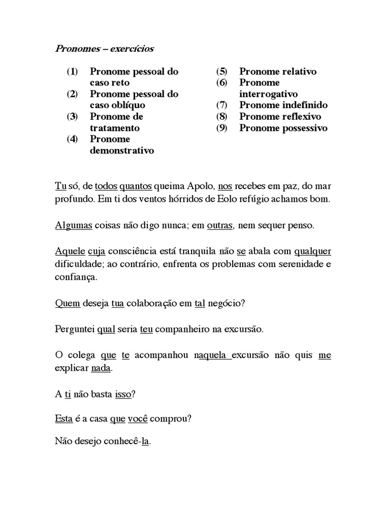 Classificação e exemplos de uso dos principais pronomes em português | PDF