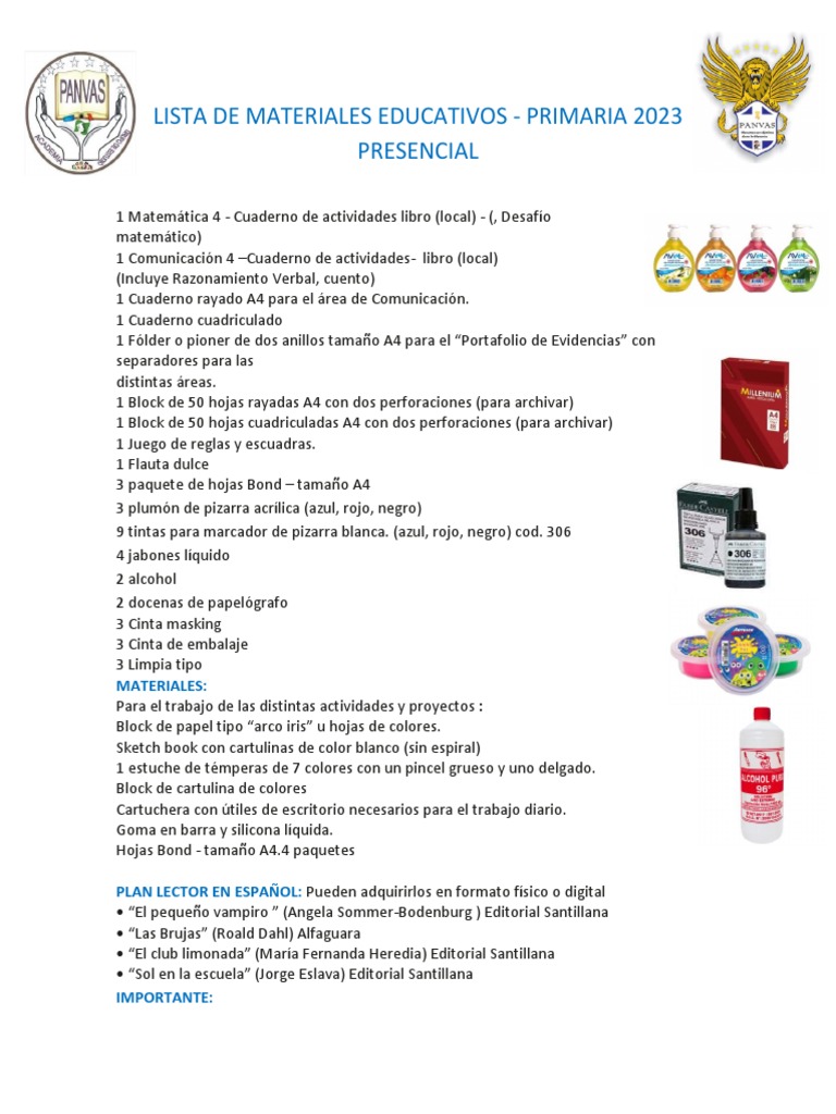 Lista de Materiales Educativos Primaria | PDF