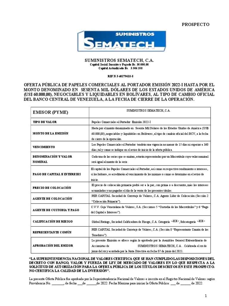 Prospecto Oferta Pública de Papeles Comerciales Suministros Sematech Emisión 2022-I | PDF ...