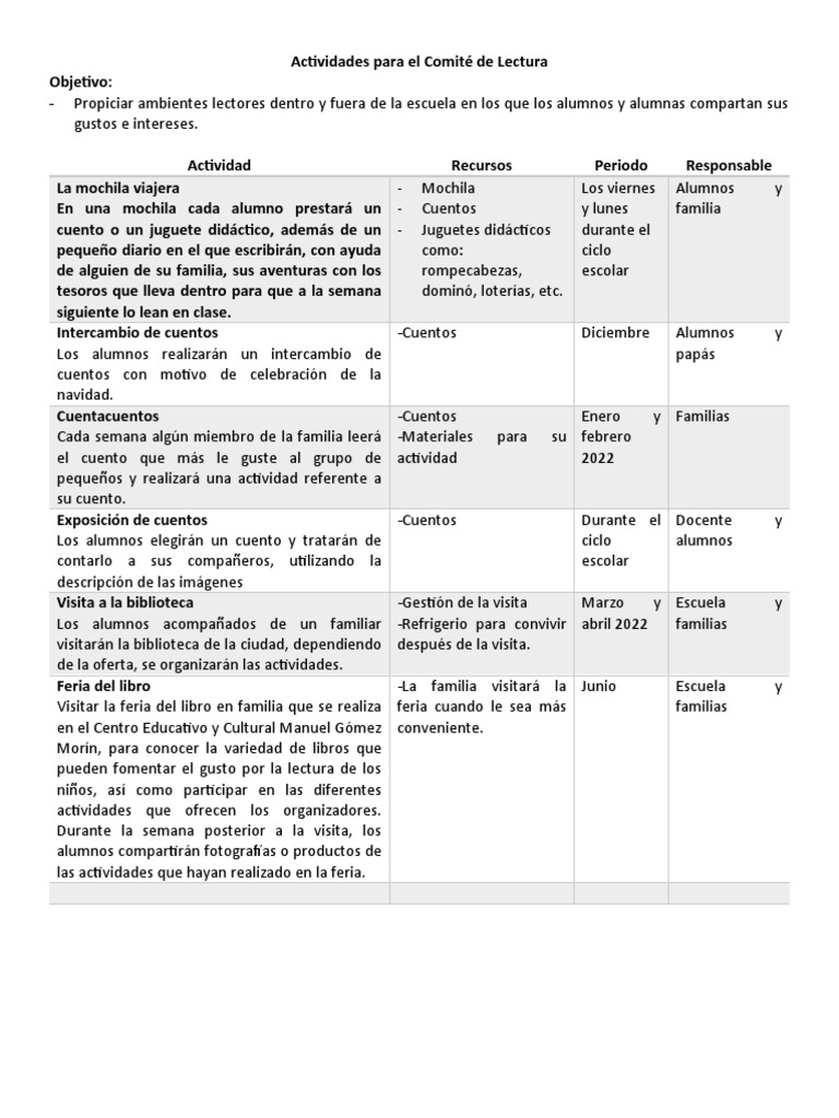 Plan Anual De Actividades Para Fomentar La Lectura En El Comité De