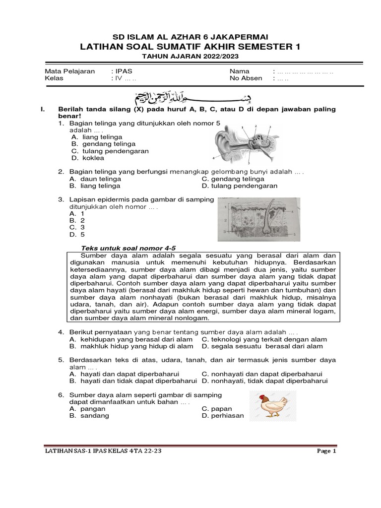 Latihan Ipas KLS 4 Sas-1 TP 22-23 | PDF | Sains & Matematika | Ilmu Sosial