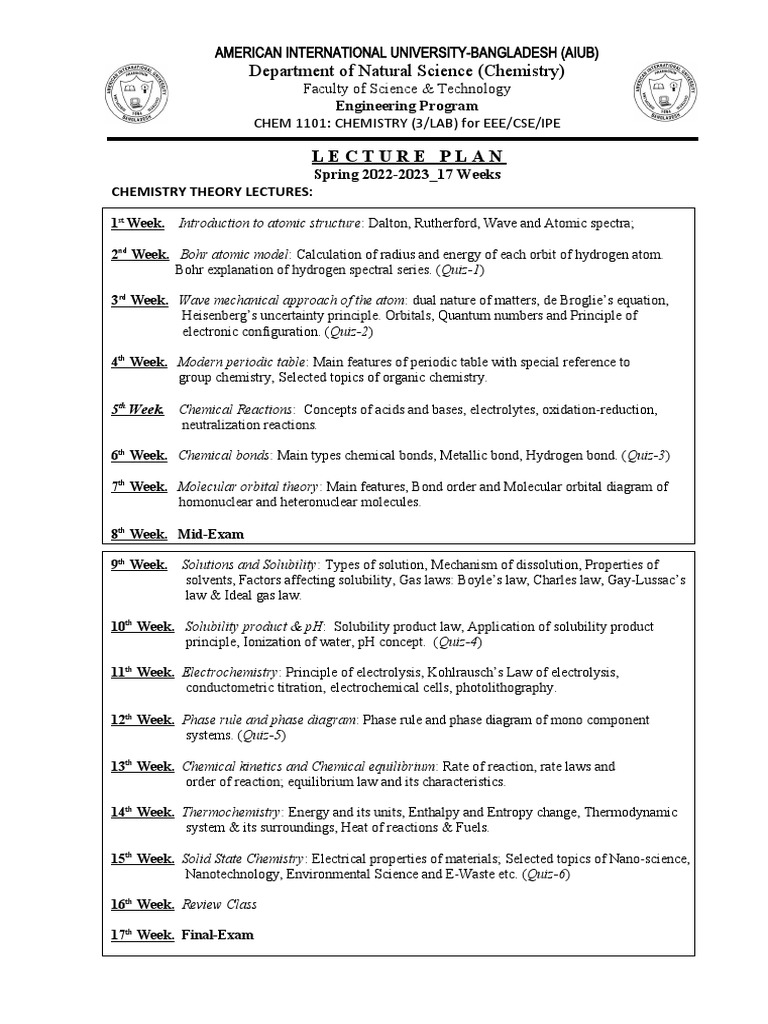 Lecture Plan - Chem - Spring 2022-23 - 17week | PDF | Chemistry ...