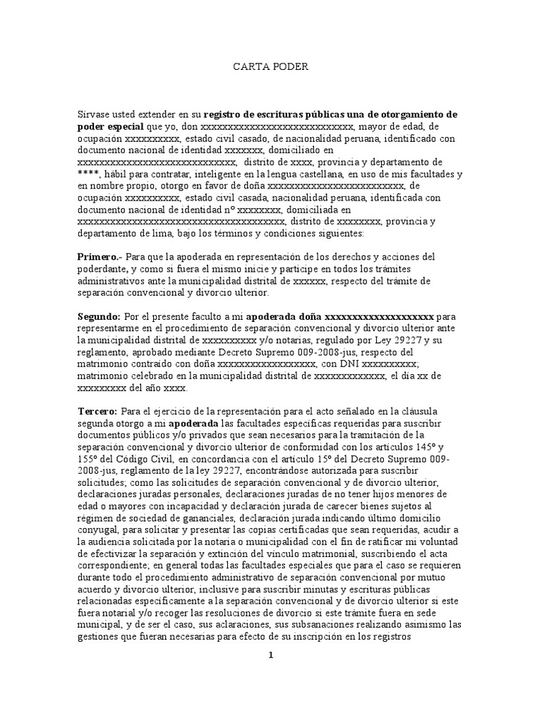 Carta Poder Divorcio | PDF | Divorcio | Instituciones sociales