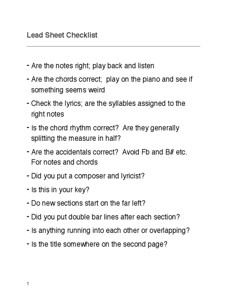 Lead Sheet Checklist PDF | PDF | Art