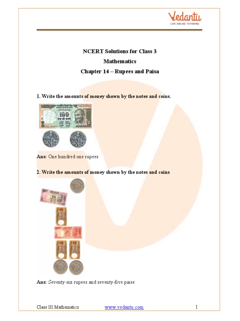 NCERT Solutions For Class 3 Maths Chapter 14 | PDF | Rupee