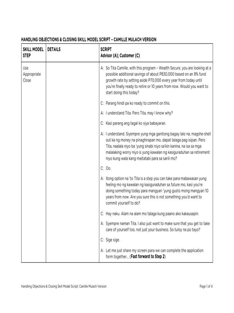 Handling Objections & Closing Skill Model Script - Camille Mulach ...