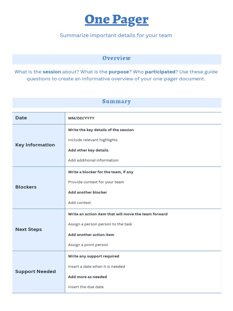 One Pager Doc in Black and White Blue Light Blue Classic Professional ...