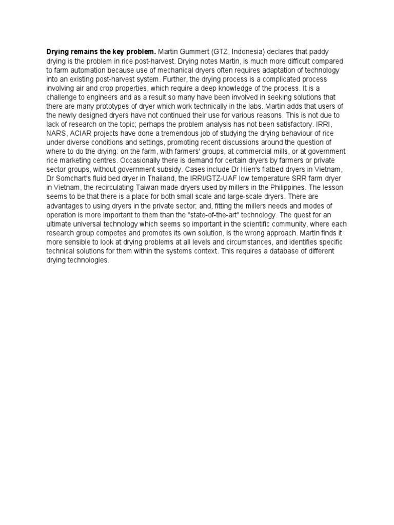 Drying Remains The Key Problem. Martin Gummert (GTZ, Indonesia) Declares That Paddy | PDF