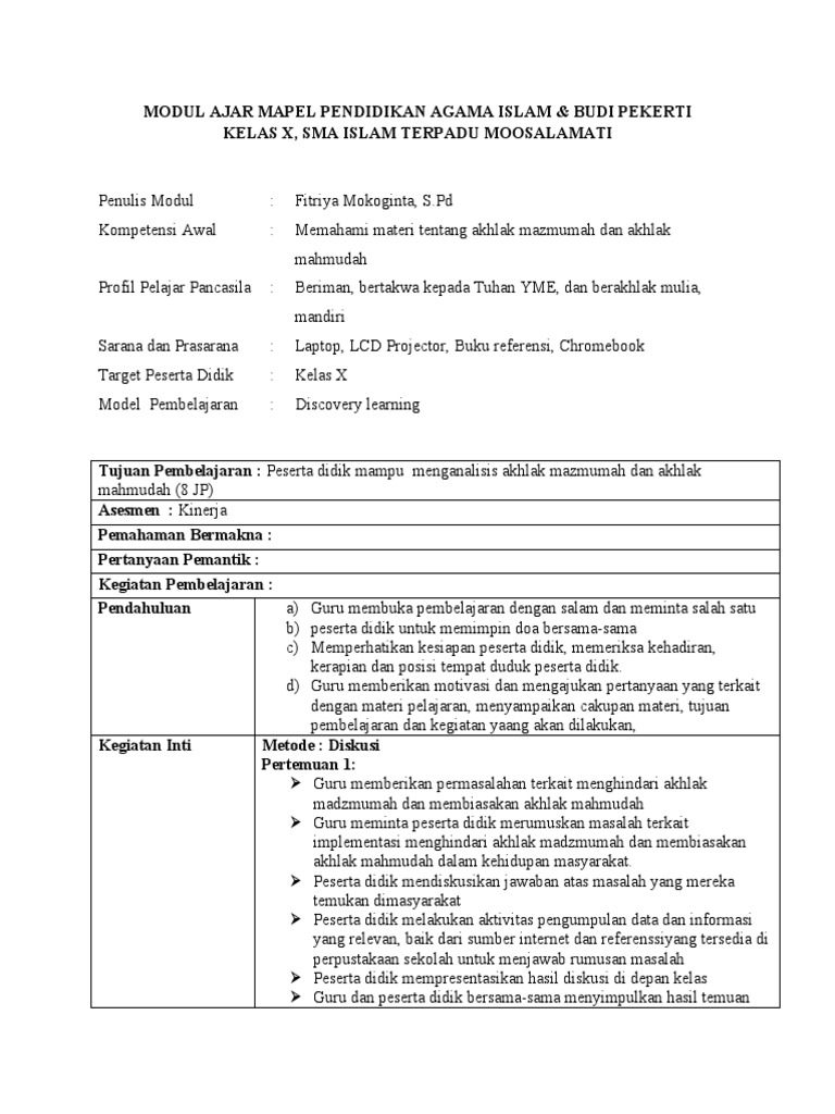 MODUL AJAR MAPEL PAI (TP 1) | PDF
