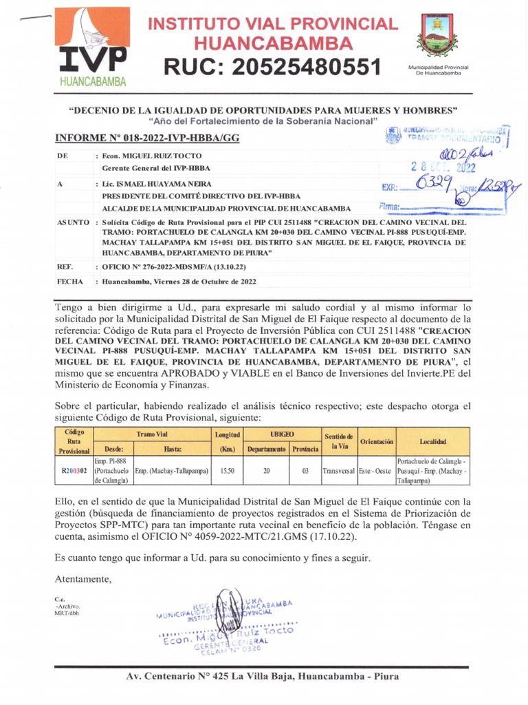 INFORME 018-2022-IVP HBBA-GG Rpta OFICIO 276-2022-MDSMF-ALC 13.10.22 PI CUI 2511488 CARGO | PDF