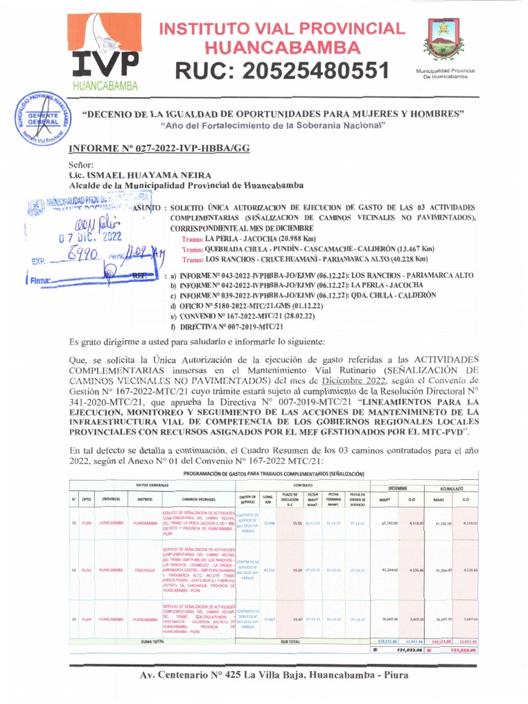 INFORME 027-2022-IVP HBBA-GG Solicito UNICA AUTORIZ 03 Act Complem 119,332.95 Soles CARGO | PDF