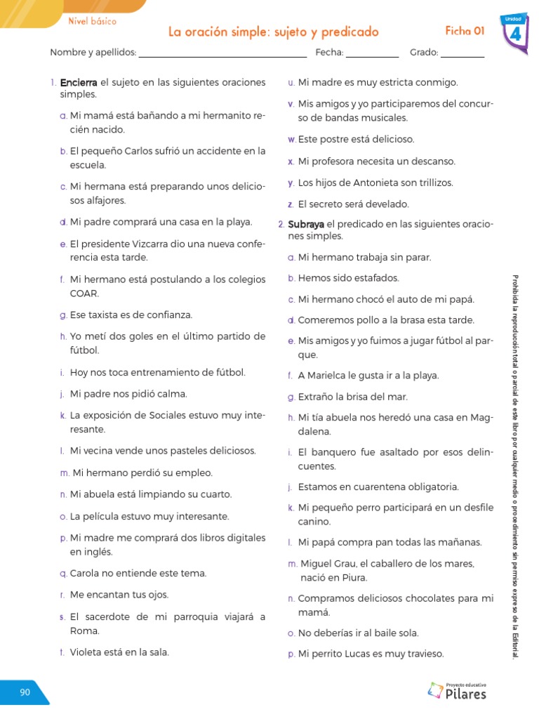 3 Coms3 U4 La Oracion Simple Sujeto y Predicado 3 | PDF | Predicado ...