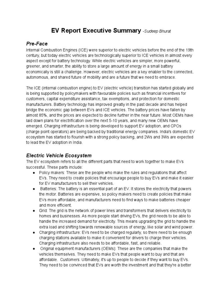 EV Report Executive Summary - Sudeep Bhurat PDF | PDF | Lithium Ion Battery | Battery Charger